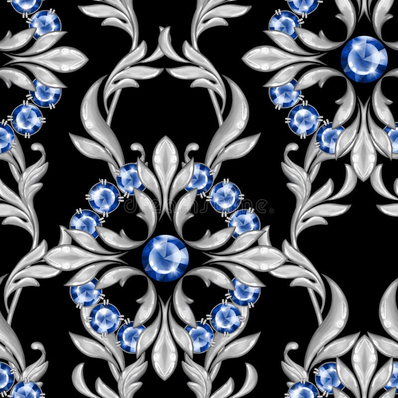 Seamless Baroque Pattern with Blue Gems Stock Illustration ...