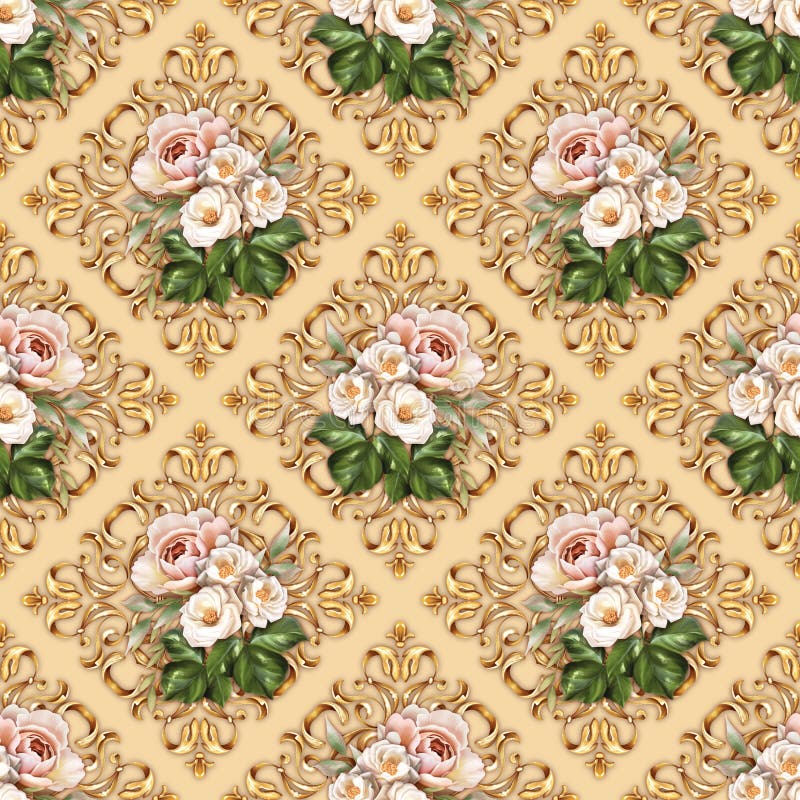 Seamless Baroque Pattern with Rose Flowers and Golden Scrolls. Stock ...