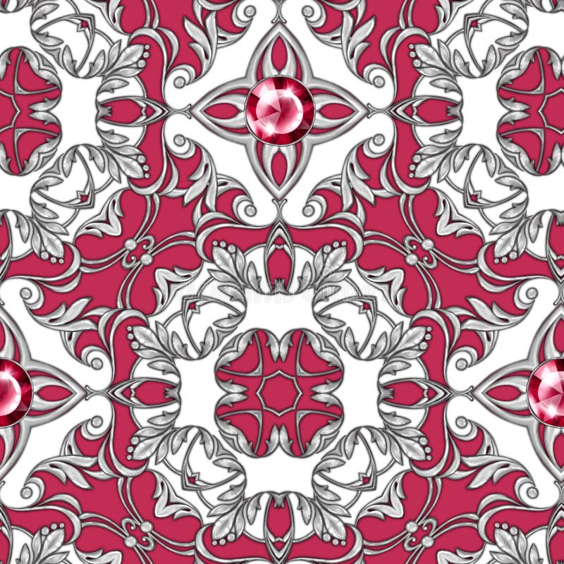 Seamless Baroque Pattern with Silver Scrolls and Gems Stock ...