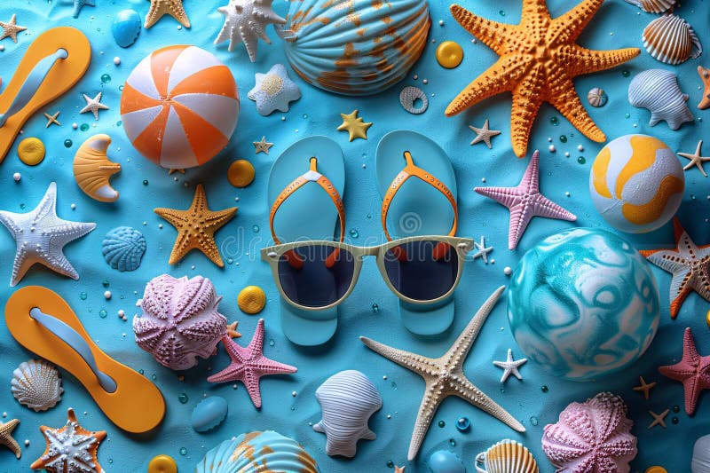 Seamless Beach Items Pattern on Blue Background. Stock Illustration ...