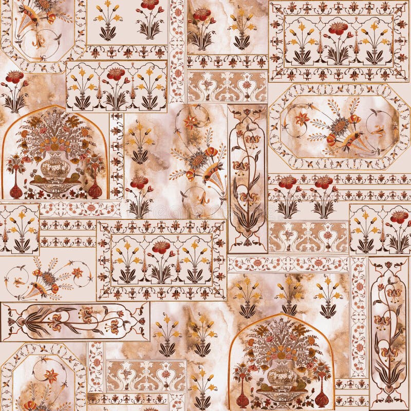 Seamless Beautiful Mughal Floral Paisley Pattern on Abstract Digital ...