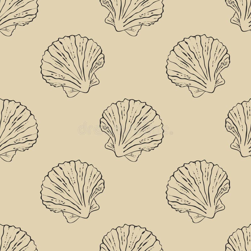 Seamless Beige Pattern with Dark Outline of Shells, Mollusks. Tropical ...