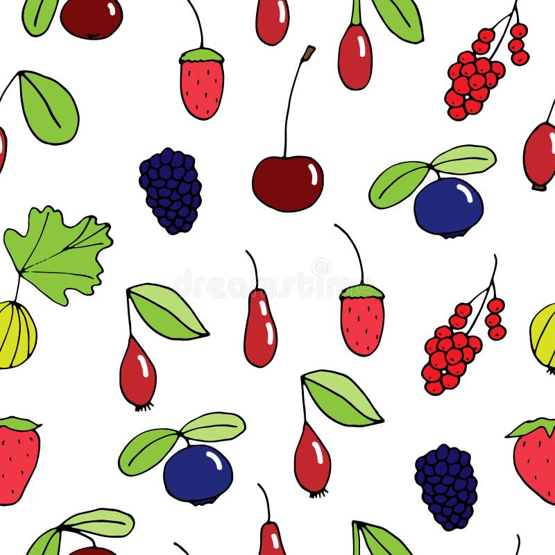 Seamless Berry Pattern, Vector Doodle Illustration, Hand Drawing ...