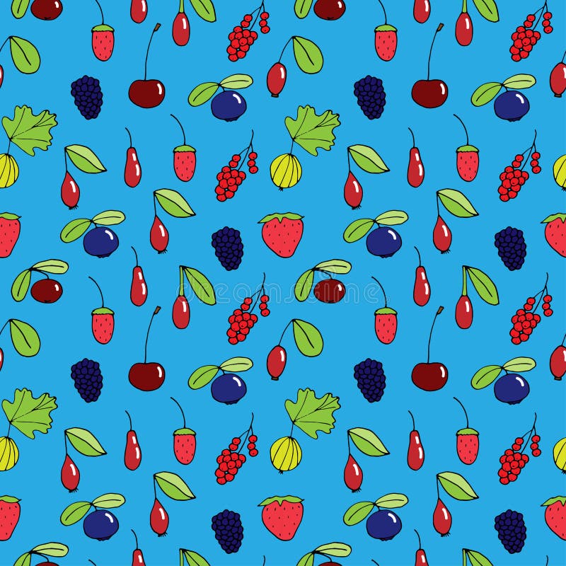 Seamless Berry Pattern, Vector Doodle Illustration, Hand Drawing ...