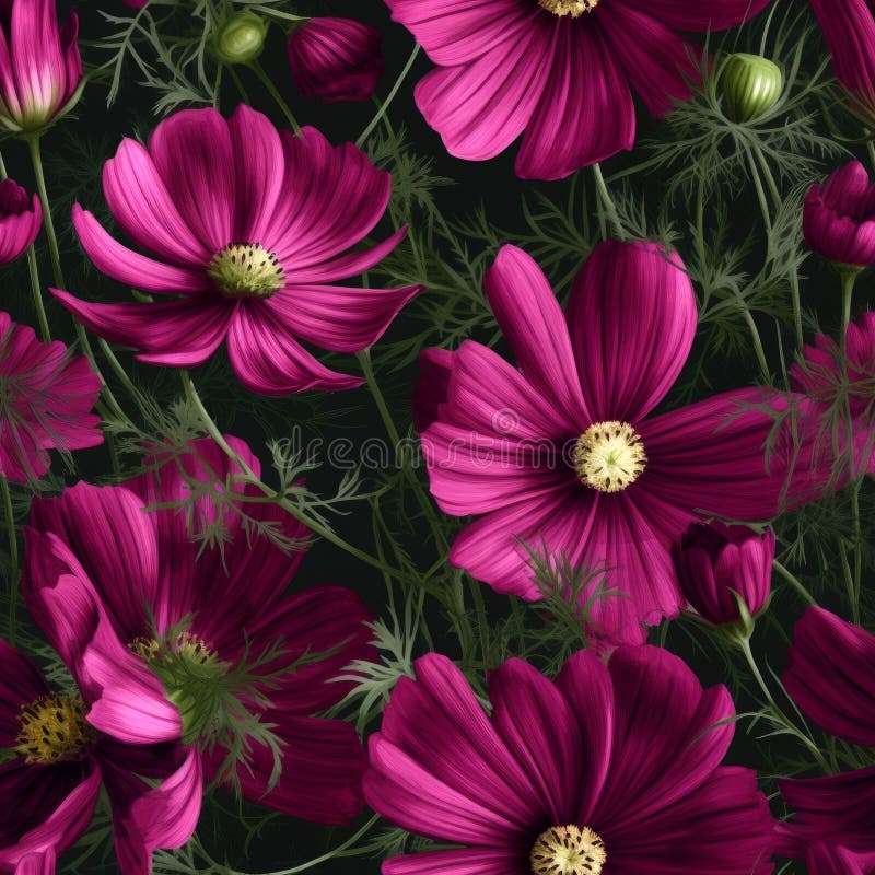 Seamless Beuatiful Cosmos Flowers Pattern on Black Background ...