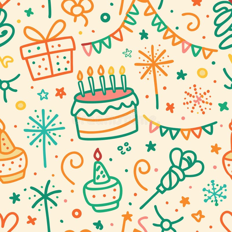 Seamless Birthday Party Pattern with Cake, Gifts, and Confetti Stock ...