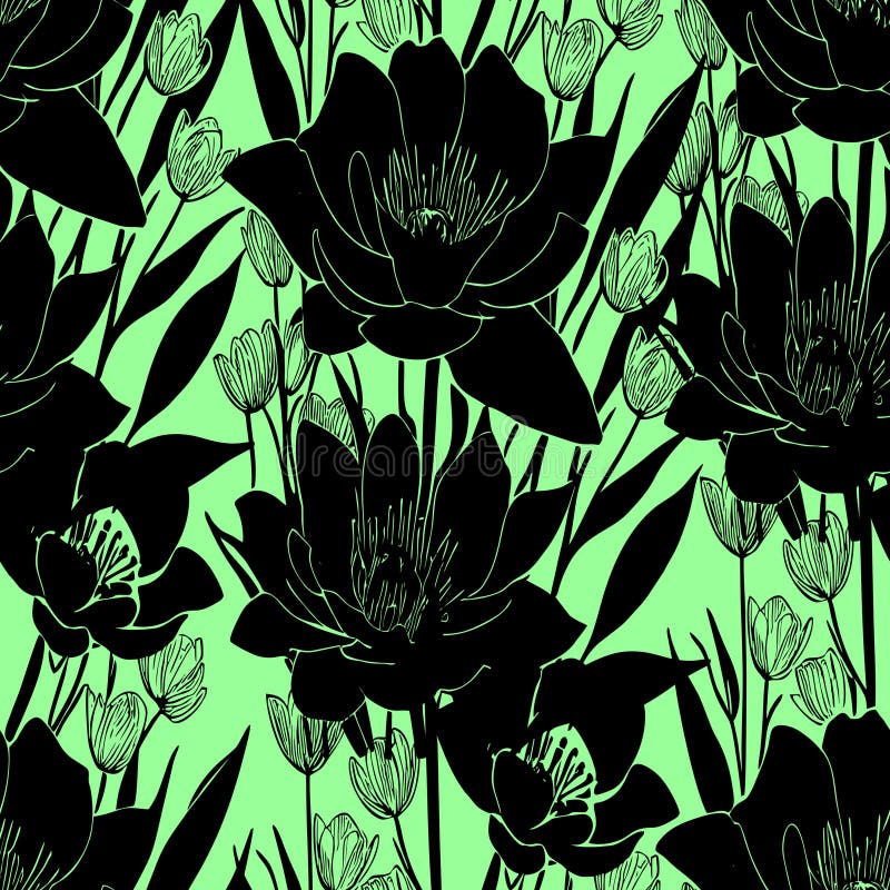 Seamless Black and Green Floral Pattern, Monochrome Ornament, Design ...