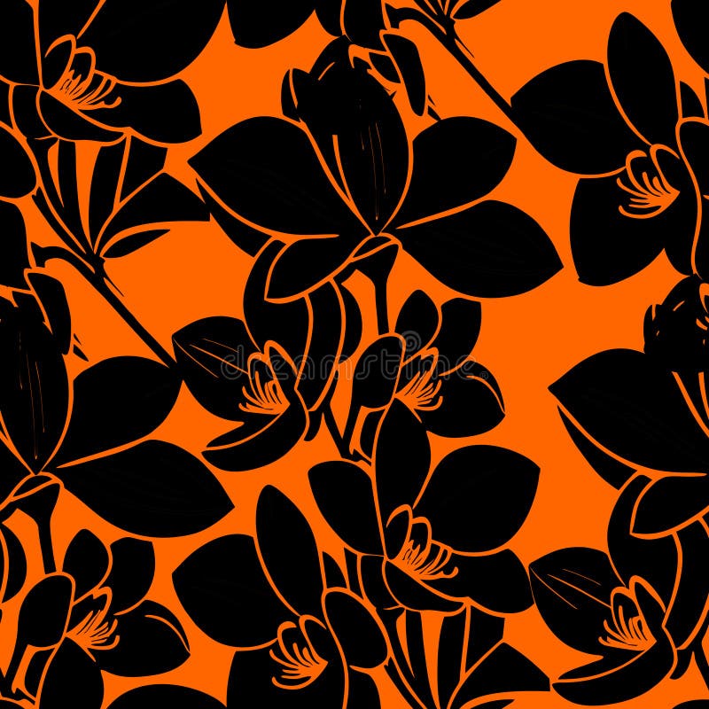 Seamless Black and Orange Floral Pattern, Monochrome Ornament, Design ...