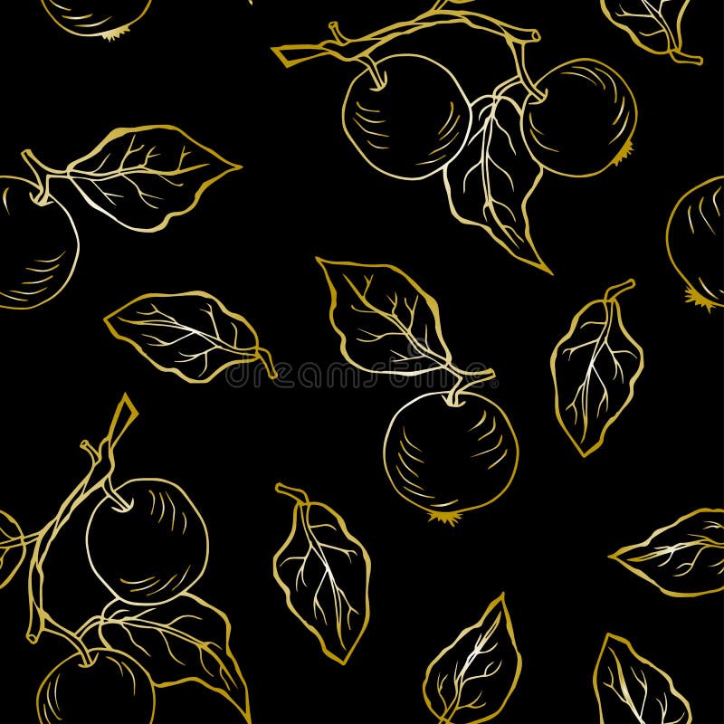 Seamless Black Pattern with Golden Apples. Stock Vector - Illustration ...
