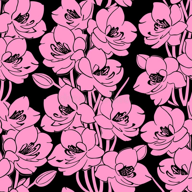 Seamless Black and Pink Floral Pattern, Monochrome Ornament, Design ...