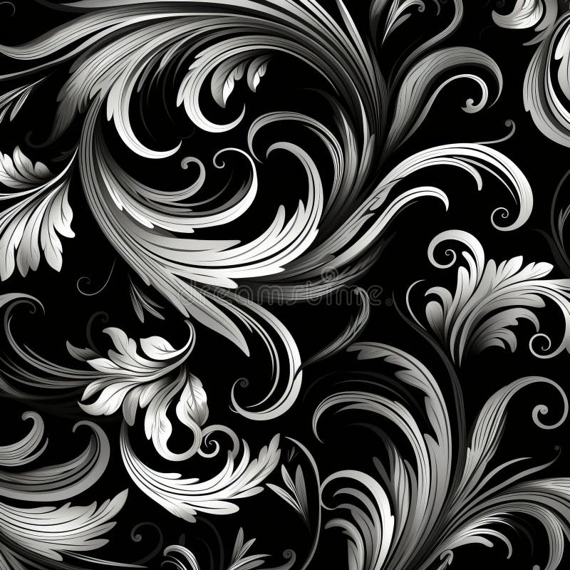 Seamless Black and Silver Floral Brocade Pattern Stock Illustration ...