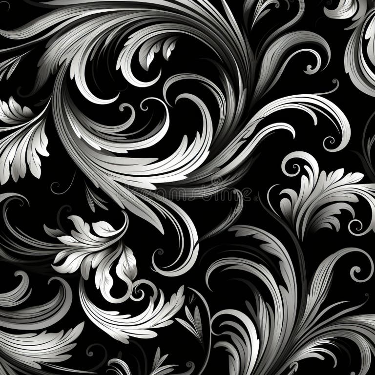 Seamless Black and Silver Floral Brocade Pattern Stock Illustration ...