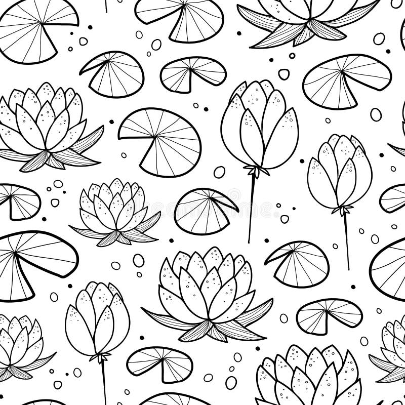 Seamless Black and White Outlined Water Lily Pattern Doodles Stock ...