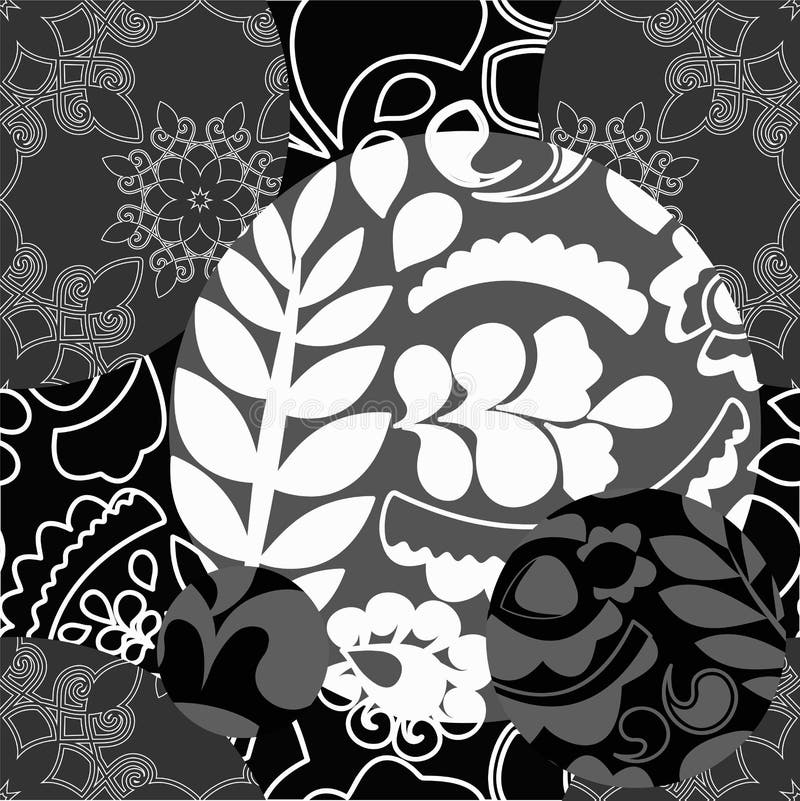 Seamless Black and White Patchwork Pattern with Flowers - Stock Stock ...