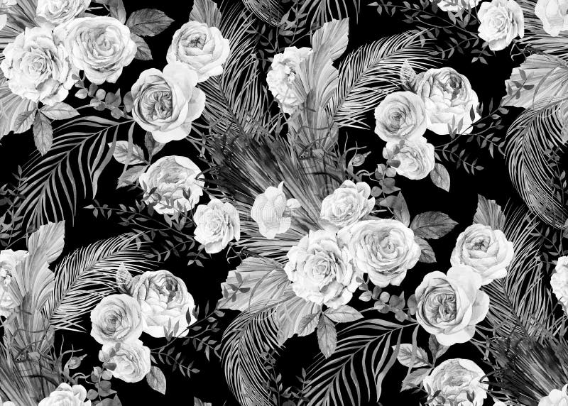 Seamless Black and White Pattern with a Bouquet of Roses and Tropical ...