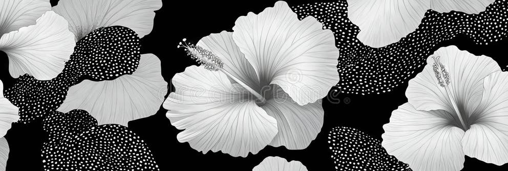Seamless Black and White Pattern Featuring Interlocking Hibiscus ...