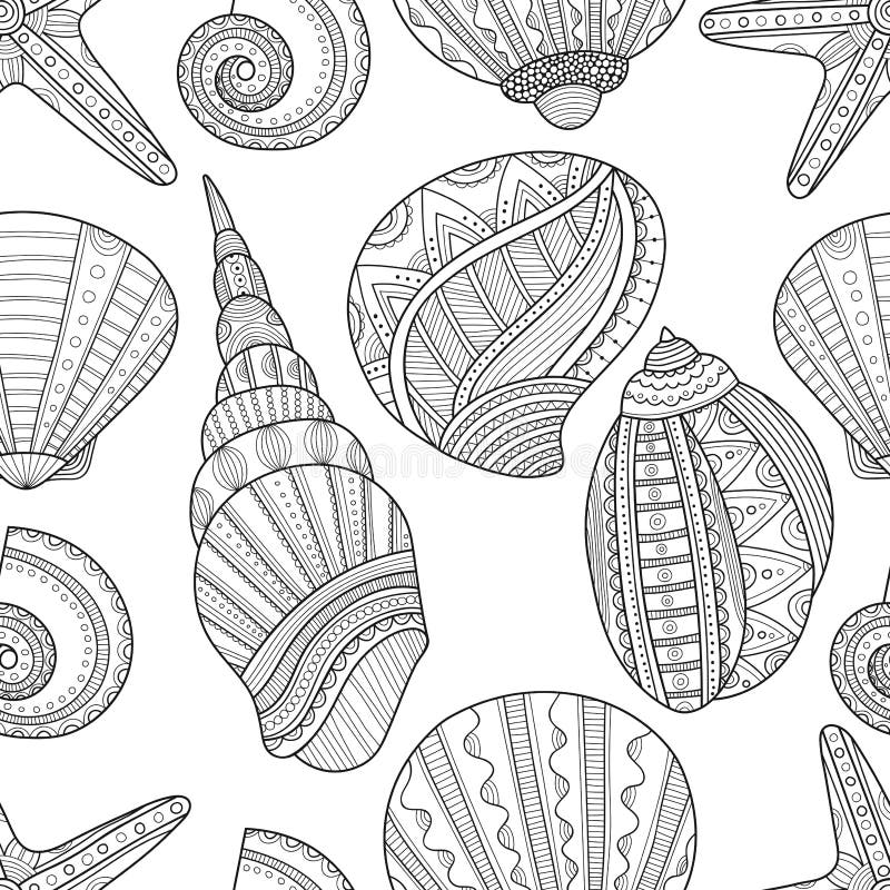 Seamless Black and White Pattern of Seashells To Coloring Book Stock ...