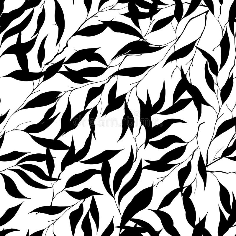 Seamless Black and White Pattern. Silhouettes of Leaves on a White ...