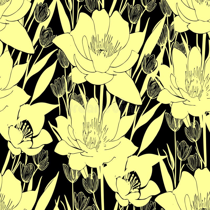 Seamless Black and Yellow Floral Pattern, Monochrome Ornament, Design ...