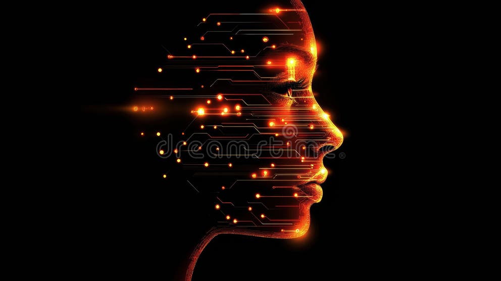 Human Face Merging with Glowing Digital Circuits in an Abstract ...