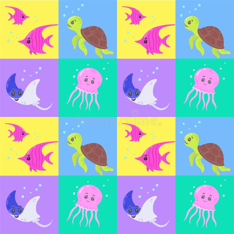 Seamless Block Pattern with Sea Fish, Turtles Stock Vector ...