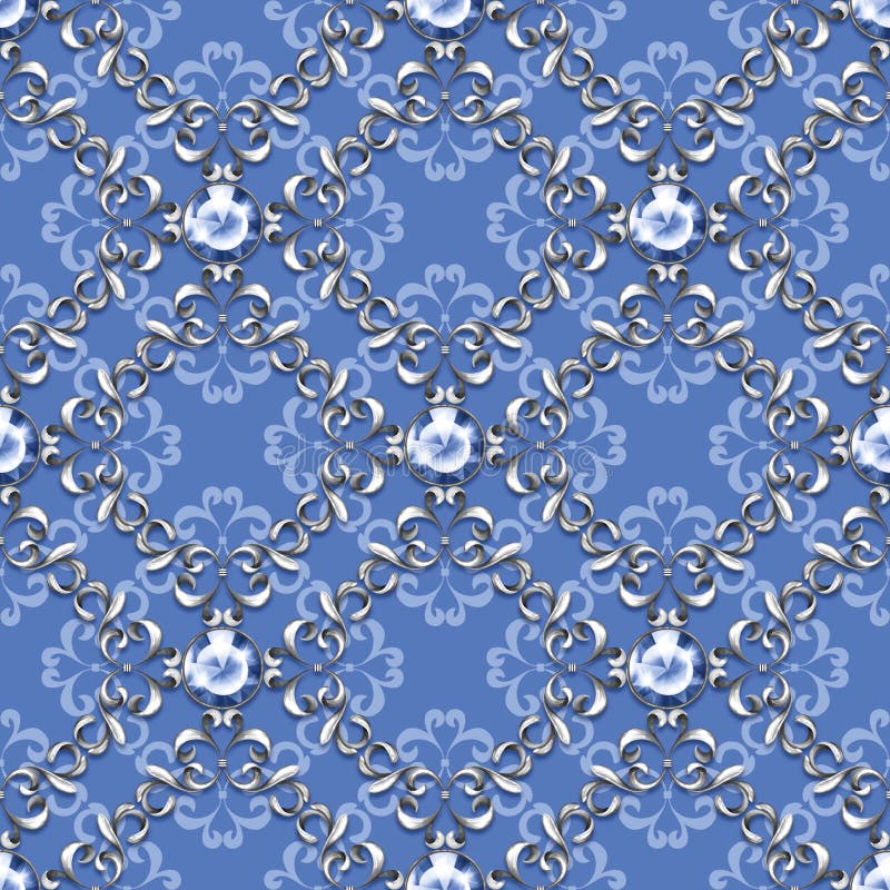 Seamless Blue Baroque Pattern with Gems and Silver Scrolls Stock ...