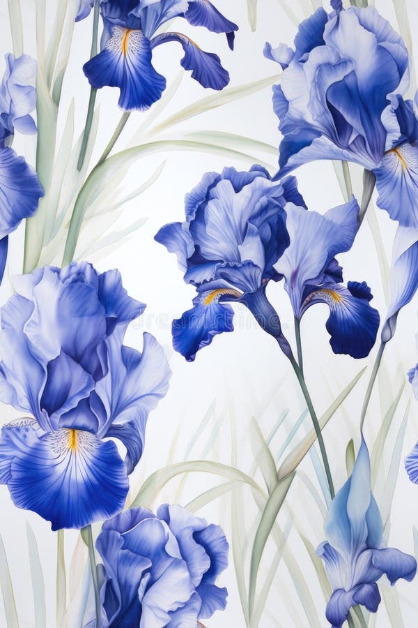 Seamless Blue Color Iris Flowers Watercolor All Over Pattern Stock ...