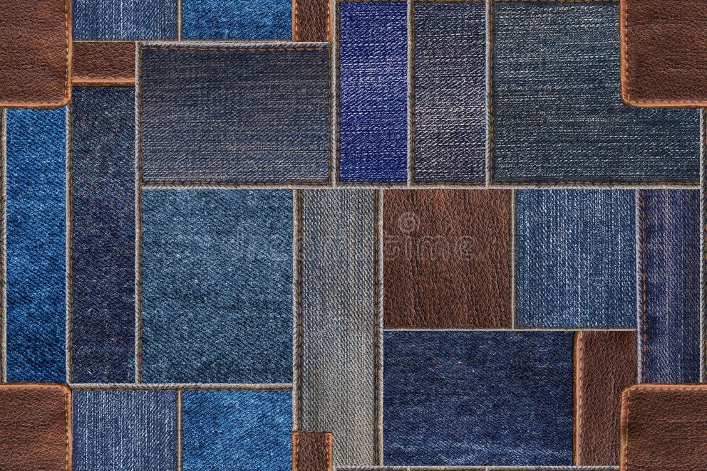 Seamless Blue Denim Jeans Patchwork with Leather Texture. Seamless ...