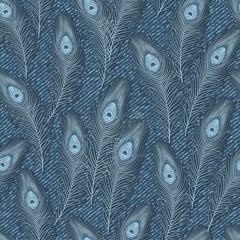 Seamless Blue Denim Pattern with Peacock Feathers Stock Vector ...