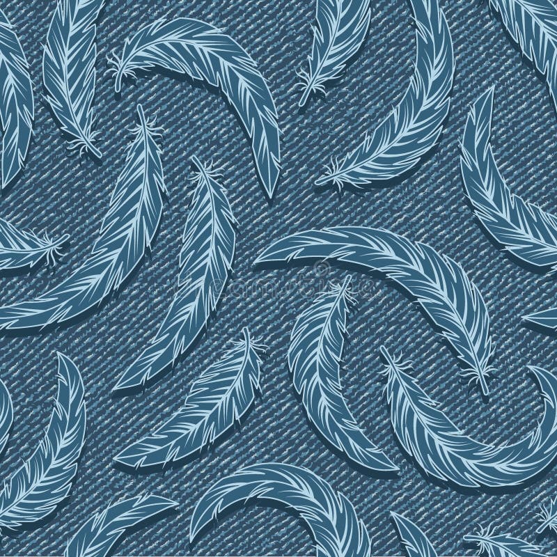 Seamless Blue Denim Pattern with Scattered Feathers Stock Vector ...