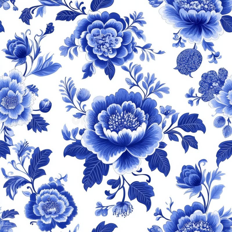 A Seamless Blue Floral Pattern Illustration with a White Background ...