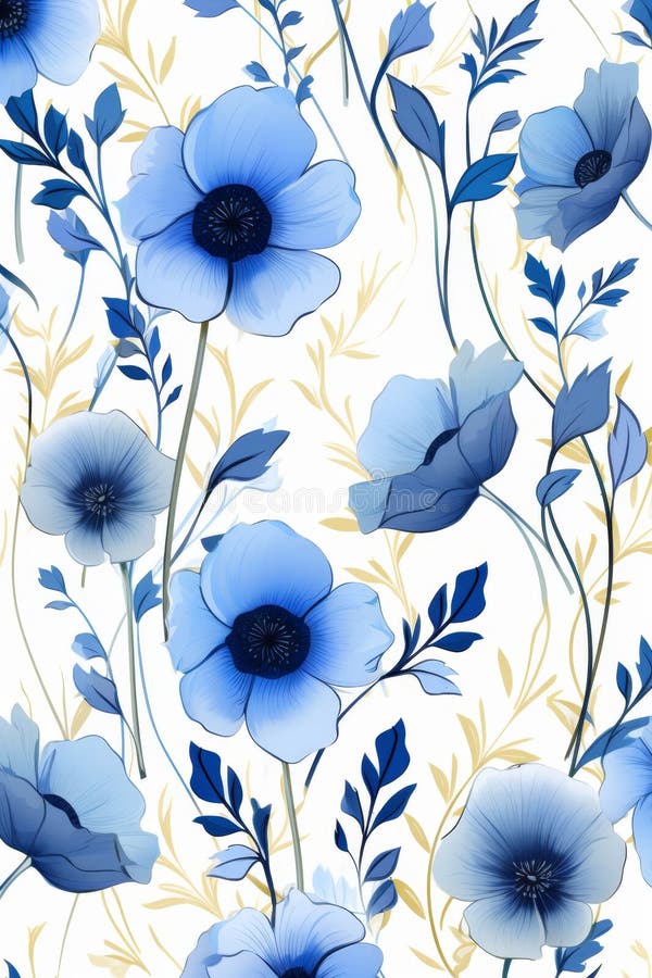 Seamless Blue Floral Pattern with Leaves. Design for Wallpaper, Fabric ...