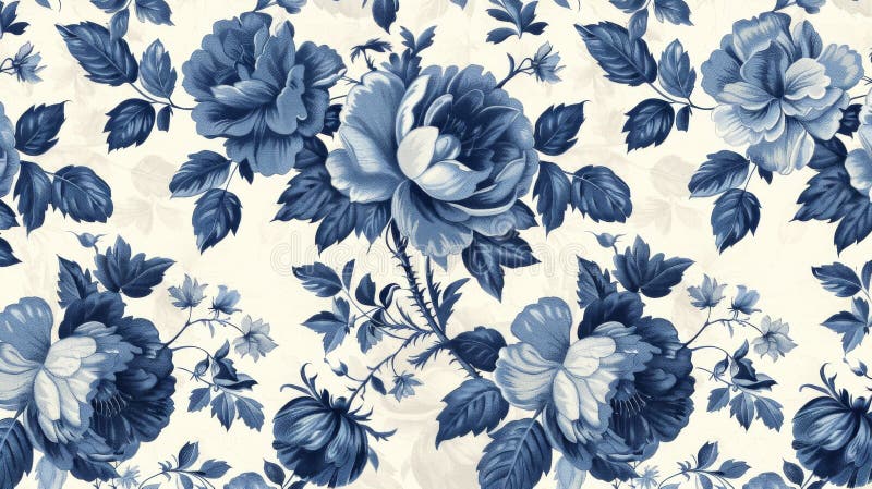Seamless Blue Floral Pattern with Vintage Roses on White Background ...