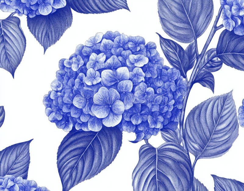 A Seamless Blue Hydrangea Pattern in a Hand-drawn Style, Featuring ...