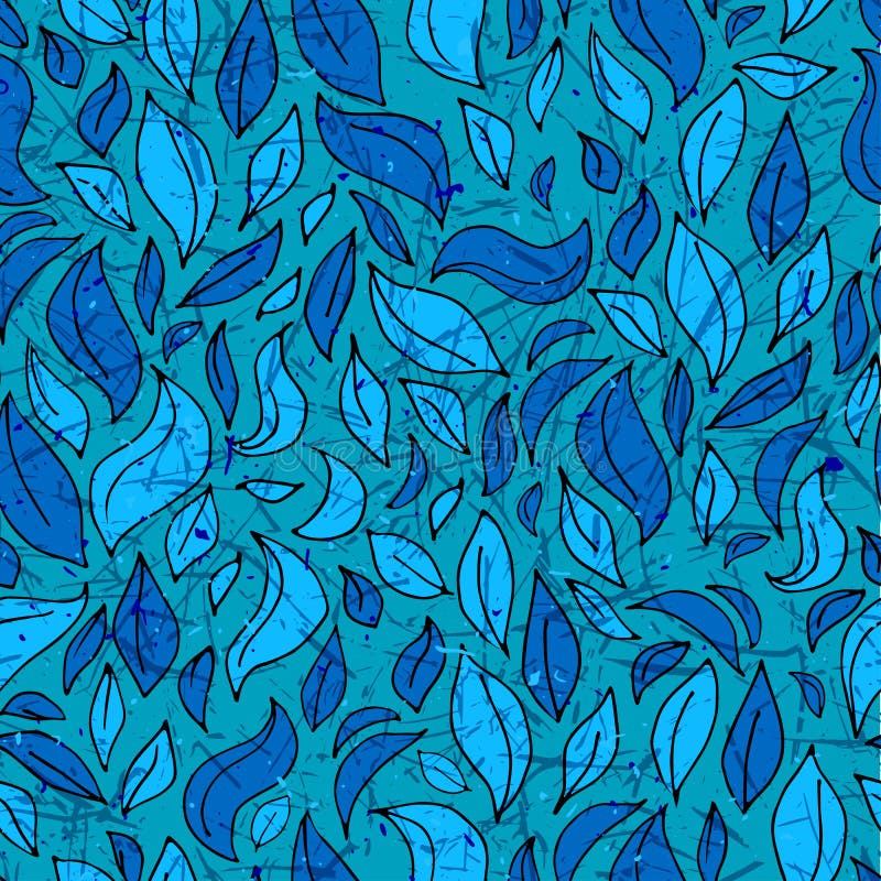 Seamless Blue Leaf Pattern Hand Draw Style. Vector Illustration Stock ...