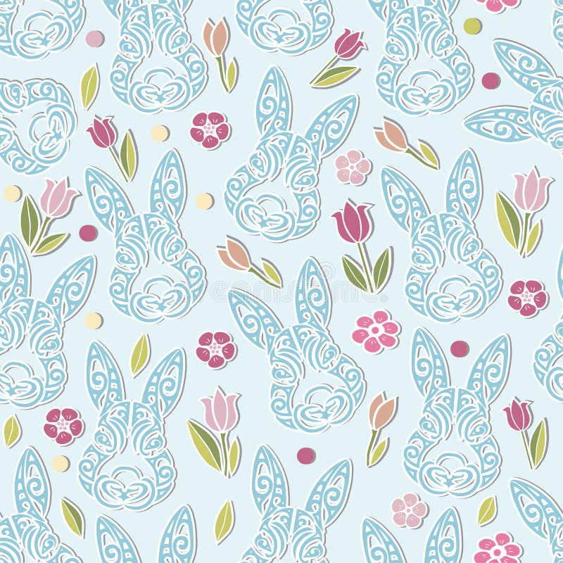 Seamless Blue Pattern with Bunny Head and Pink Flowers Stock Vector ...