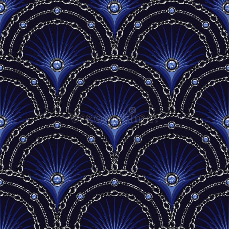 Seamless Blue Pattern with Fan Shaped Grid, Silver Chains, Sapphire ...