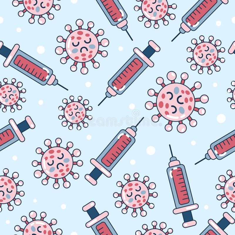 Seamless Blue Pattern Medicine Vaccination Cute Sad Virus and Syringe ...