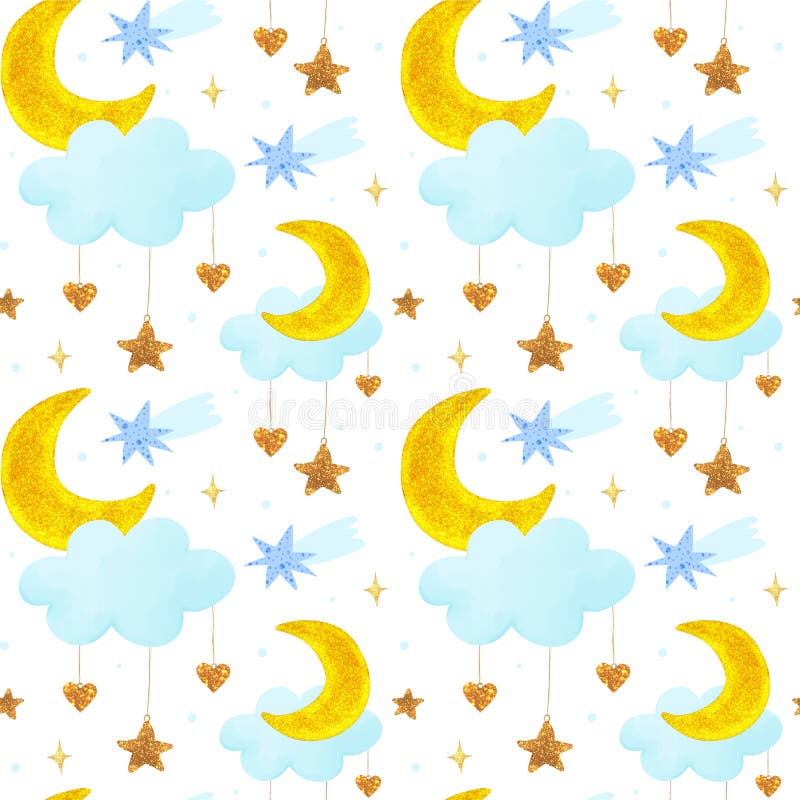 Seamless Blue Pattern with Moon, Clouds and Stars, Design for Fabric ...