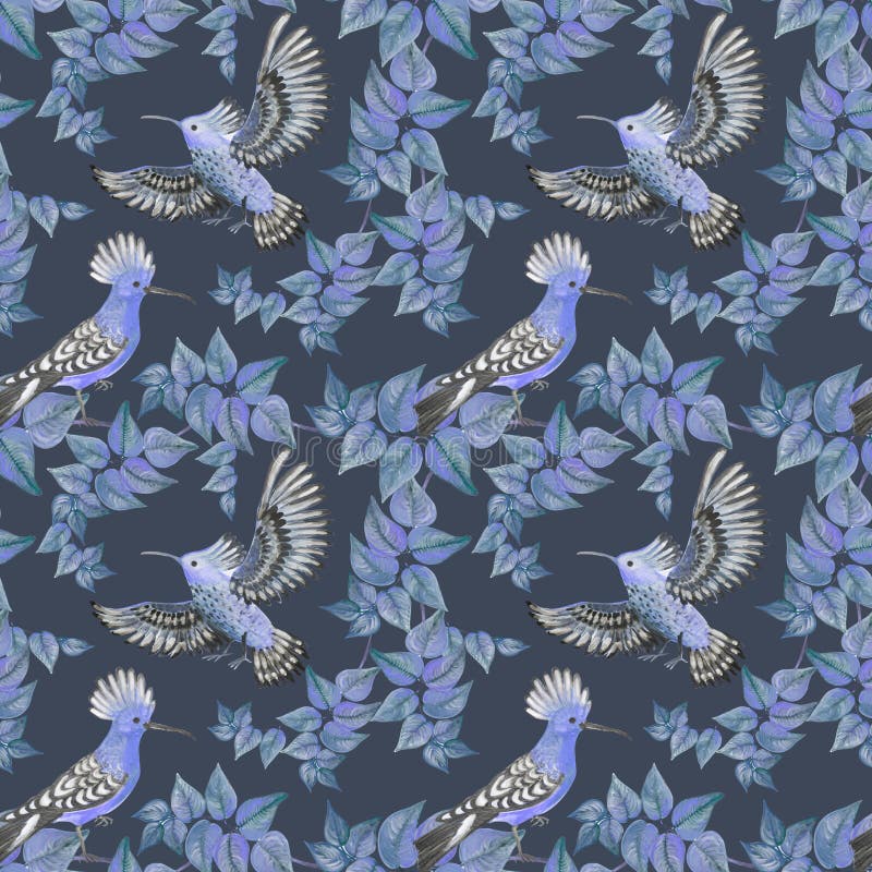 Seamless Blue Pattern with Painted Watercolor Birds among Foliage ...