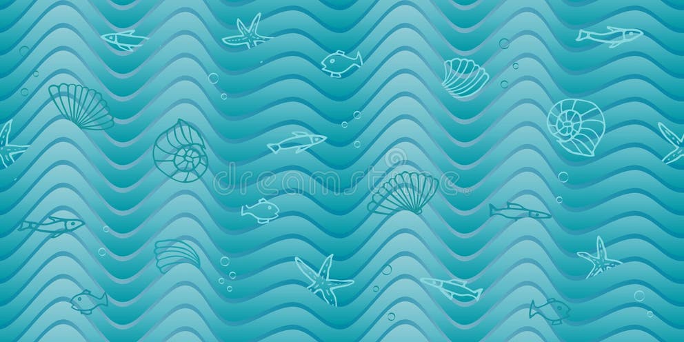Seamless Blue Pattern with Simple Fishes and Waves. Vector Marine ...