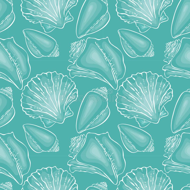 Seamless Blue Pattern with White Outline of Shells, Mollusks. Marine ...