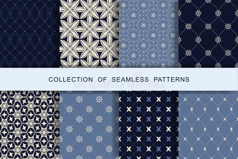 8 Seamless Blue Patterns Set. Vector Illustration. Textile Printing ...