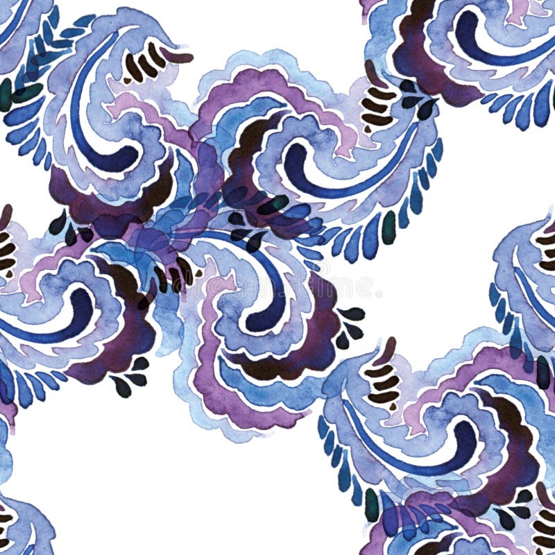 Seamless Blue Watercolor Pattern of Doodle Elements. Stock Illustration ...