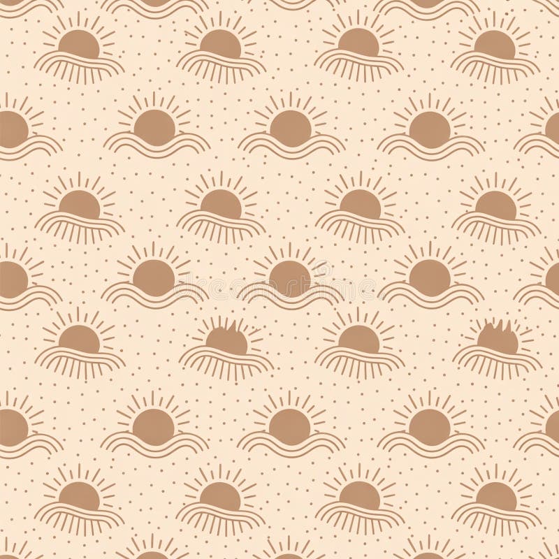 Seamless Boho Pattern with Sun and Waves on Beige Background Summer ...