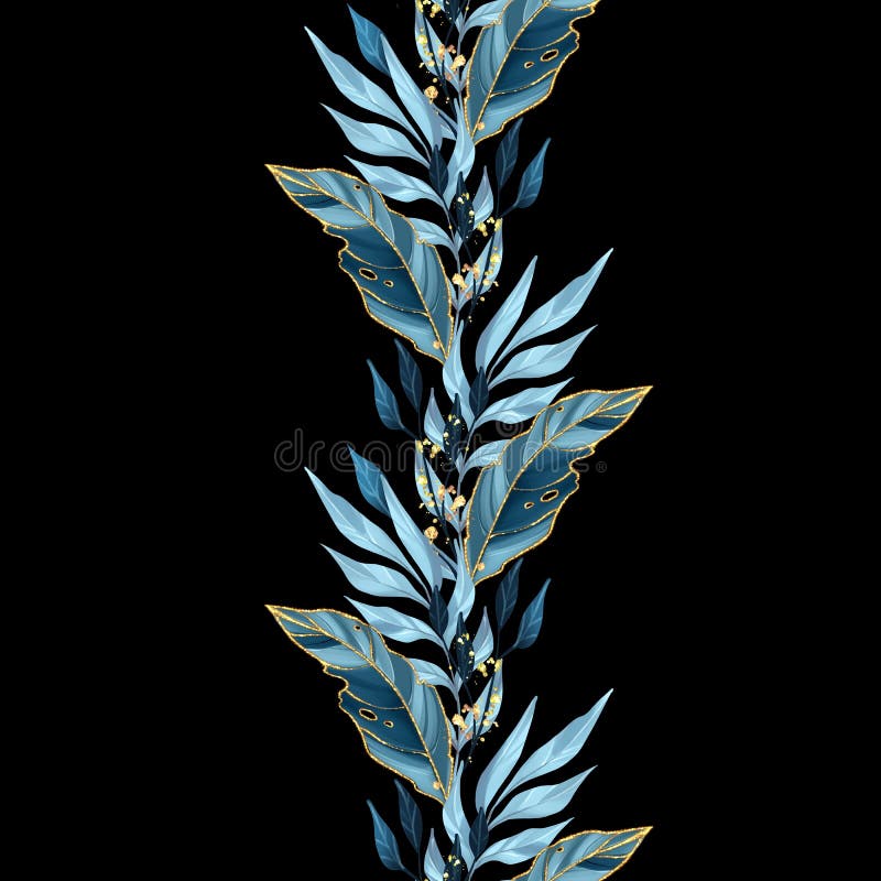 Seamless Border with Blue Decorative Leaves Stock Illustration ...