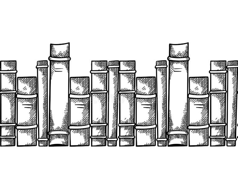Seamless Border from Books with Hatching. Engraving Bookshelf ...