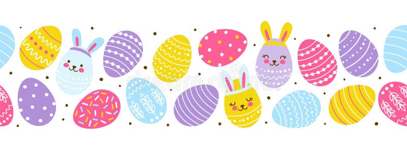 Seamless Border with Cute Decorated Eggs Isolated on White - Cartoon ...