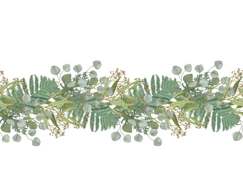 Seamless Border with Hand Drawn Trendy Greenery Stock Vector ...