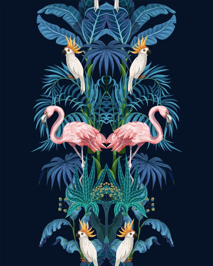 Seamless Border with Jungle Trees, Flamingo and Parrots. Vector. Stock ...